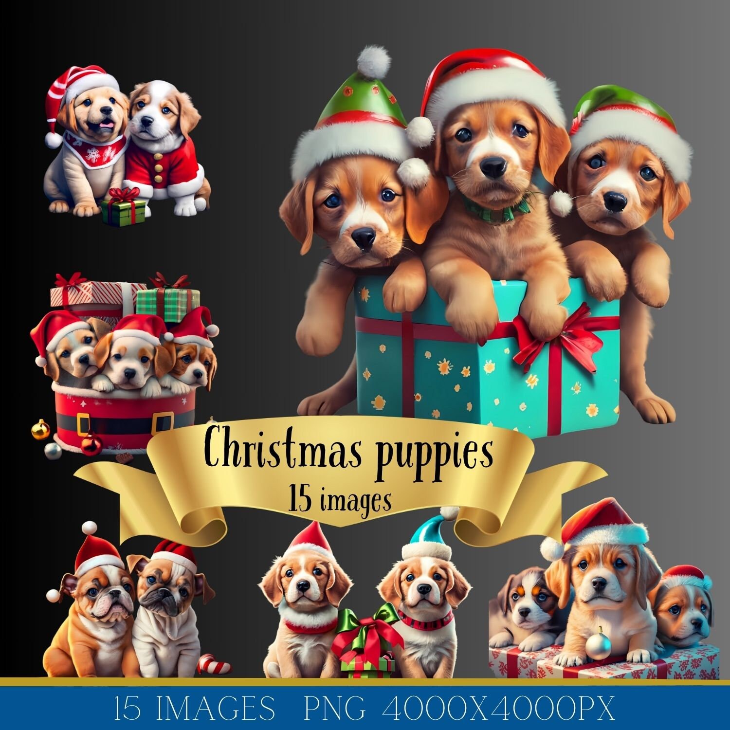 Cute Christmas Puppies Clip Art Bundle Png, Puppy Dog Xmas Png, 15 ...