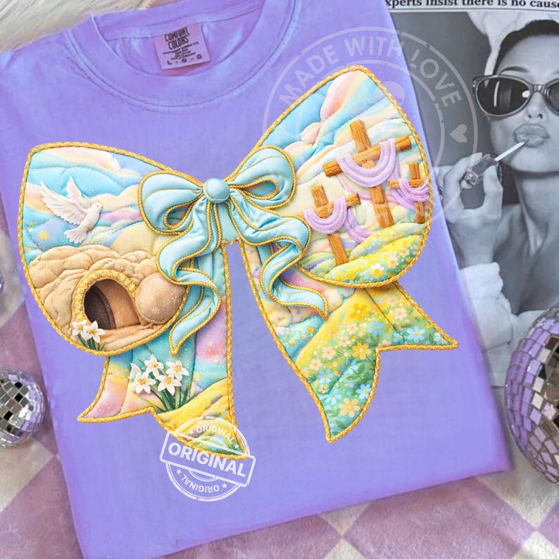 Christian Easter Bow PNG, Empty Tomb, Three Crosses, Pastel Quilt Coquette Clipart, Floral ...