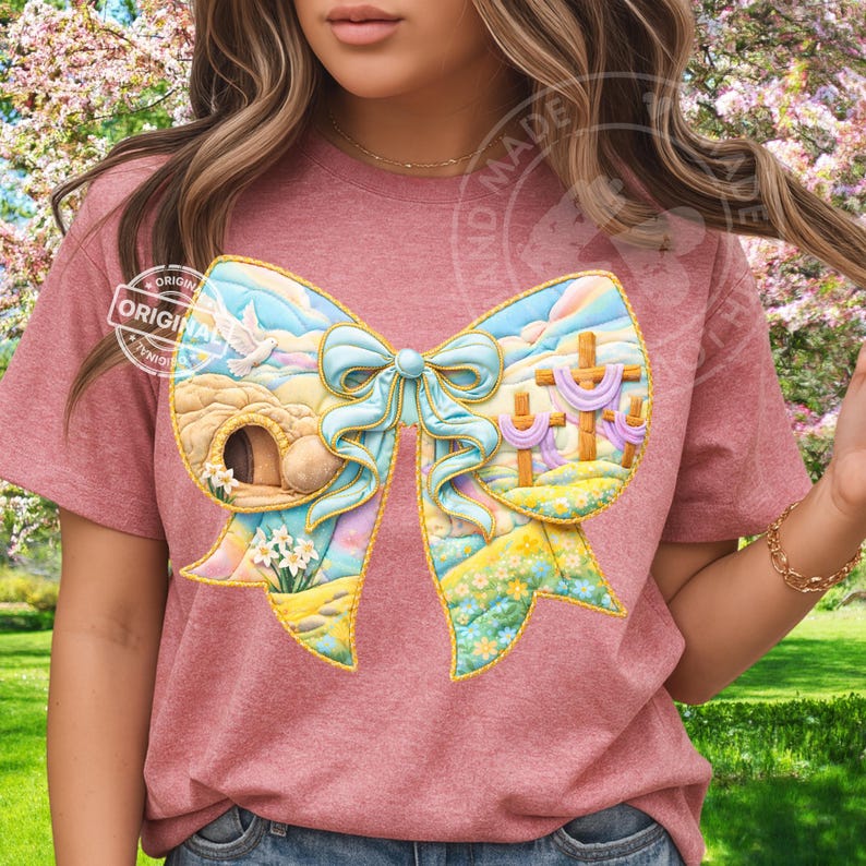 Christian Easter Bow PNG, Empty Tomb, Three Crosses, Pastel Quilt Coquette Clipart, Floral ...