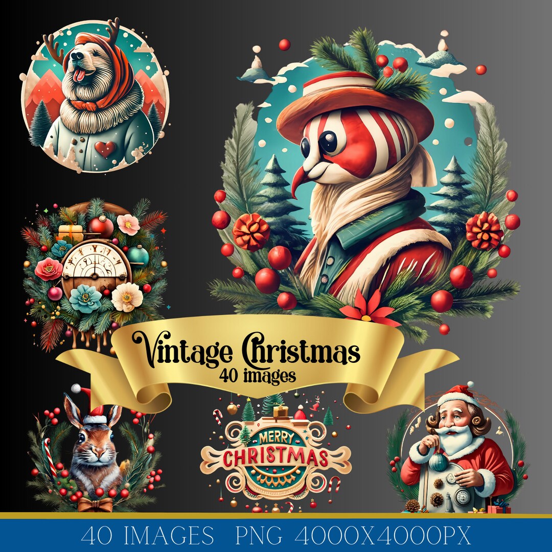 Vintage Christmas Clip Art Bundle PNG for Sublimation, Commercial Use ...