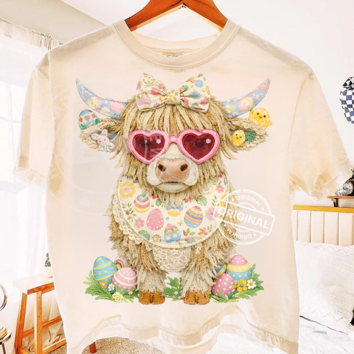Easter Highland Cow PNG, Cottagecore Patchwork, Spring Farm Animal ...