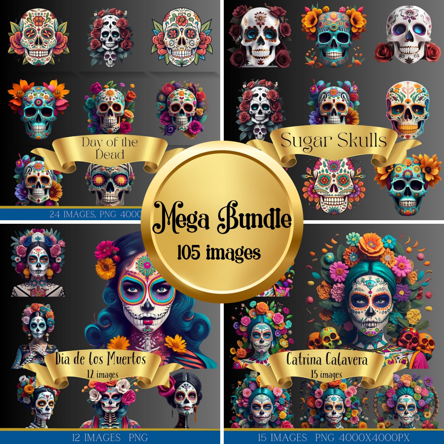 Dia De Los Muertos Clipart Mega Bundle Png, 105 Images, Sugar Skull ...