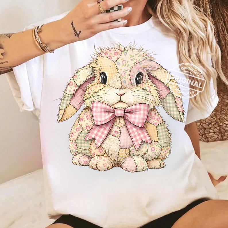 Patchwork Cottagecore Bunny PNG, Floral Gingham Plush Rabbit Clipart ...