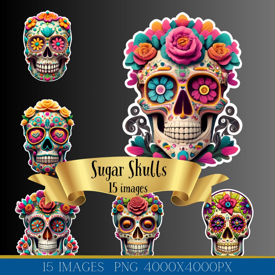 Dia De Los Muertos Clipart Bundle Png,15 Images, Sugar Skull Digital ...