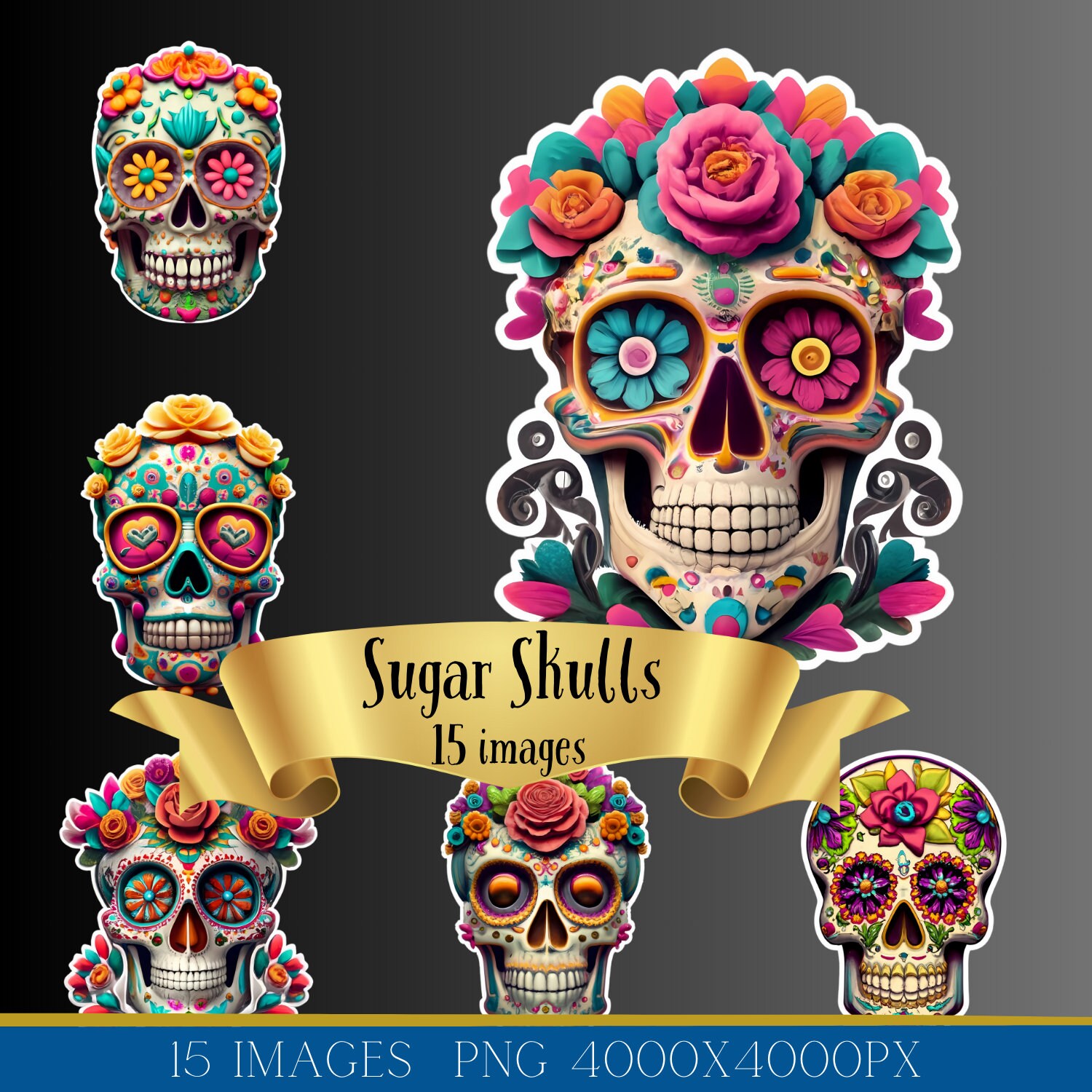 Dia De Los Muertos Clipart Bundle Png,15 Images, Sugar Skull Digital ...