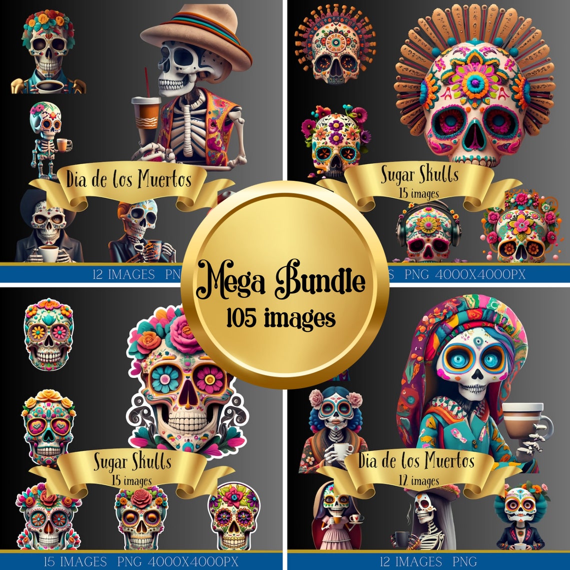 Dia De Los Muertos Clipart Mega Bundle Png, 105 Images, Sugar Skull ...