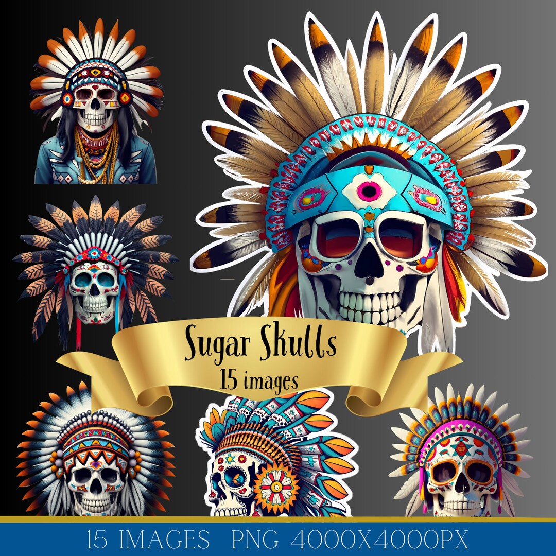 Dia De Los Muertos Clipart Bundle Png, Sugar Skull Native American Head ...