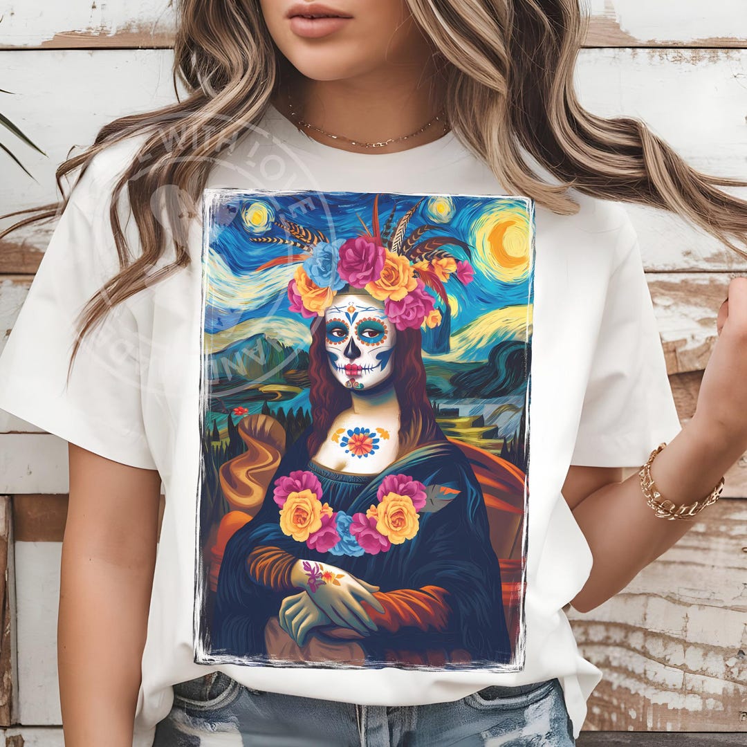 Day of the Dead Mona Lisa Starry Night PNG | Sugar Skull Van Gogh Inspired Art | Dia De Los ...