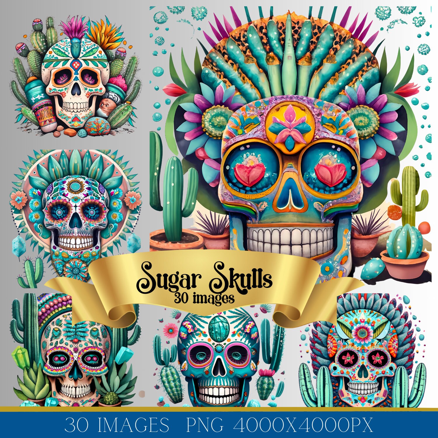 Dia De Los Muertos Clipart Bundle Png, 30 Images, Sugar Skull Digital ...