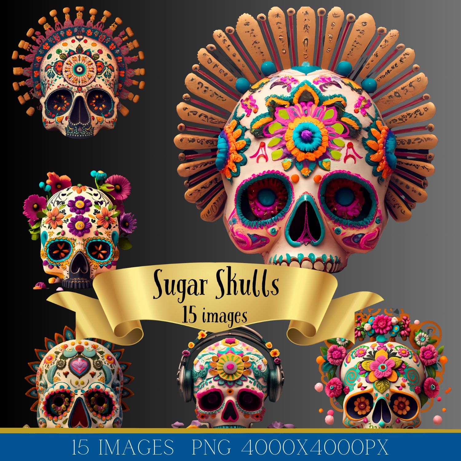 Dia De Los Muertos Clipart Bundle Png,15 Images, Sugar Skull Digital ...