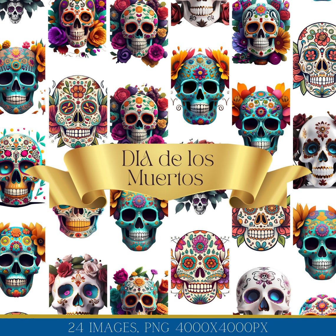 Dia De Los Muertos Clipart Bundle Png, 24 Images, Sugar Skull Digital ...