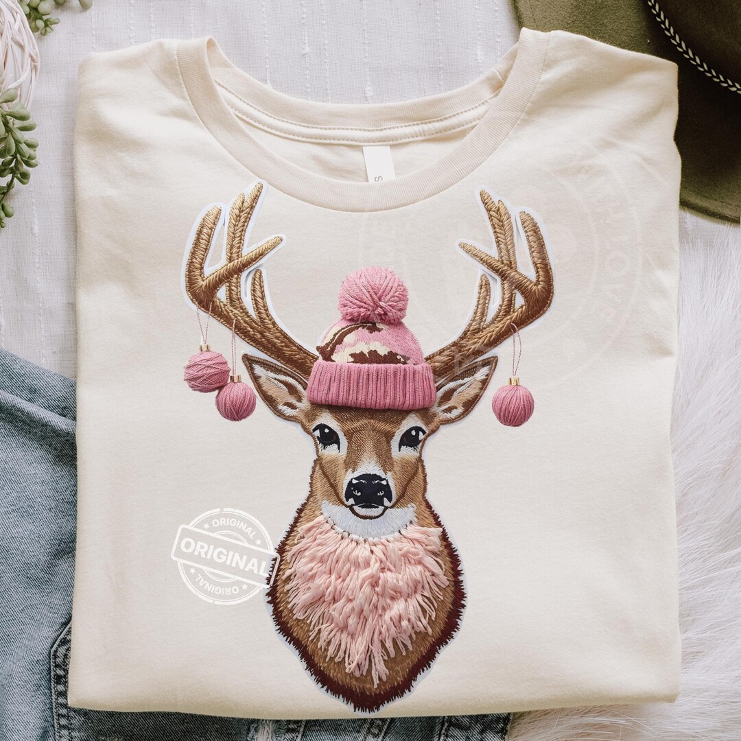 Pink Winter Deer PNG | Cozy Reindeer Clipart With Pom Hat | Boho ...