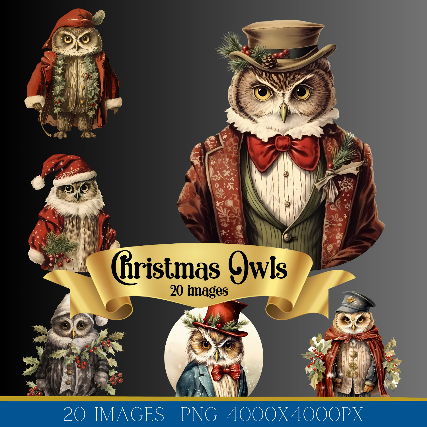 Vintage Christmas Owl Clip Art Bundle PNG for Sublimation - Etsy