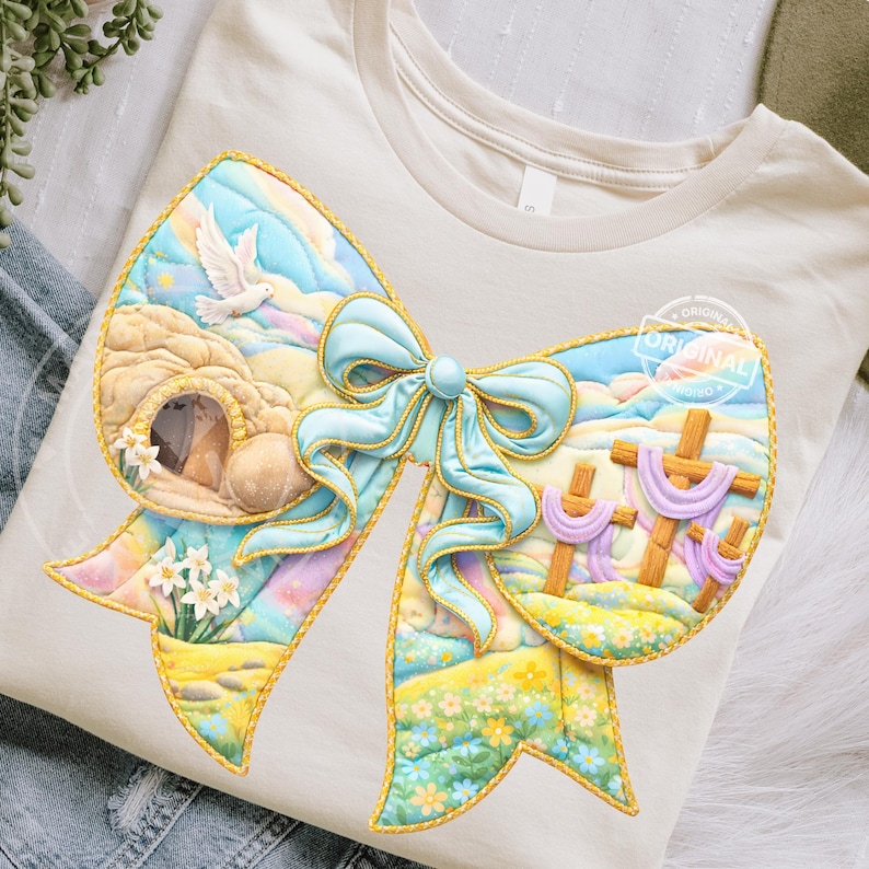 Christian Easter Bow PNG, Empty Tomb, Three Crosses, Pastel Quilt Coquette Clipart, Floral ...