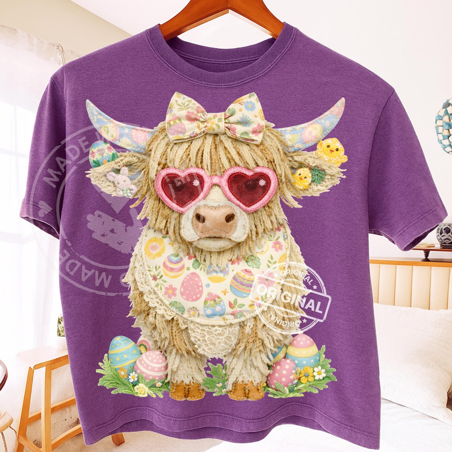 Easter Highland Cow PNG, Cottagecore Patchwork, Spring Farm Animal ...