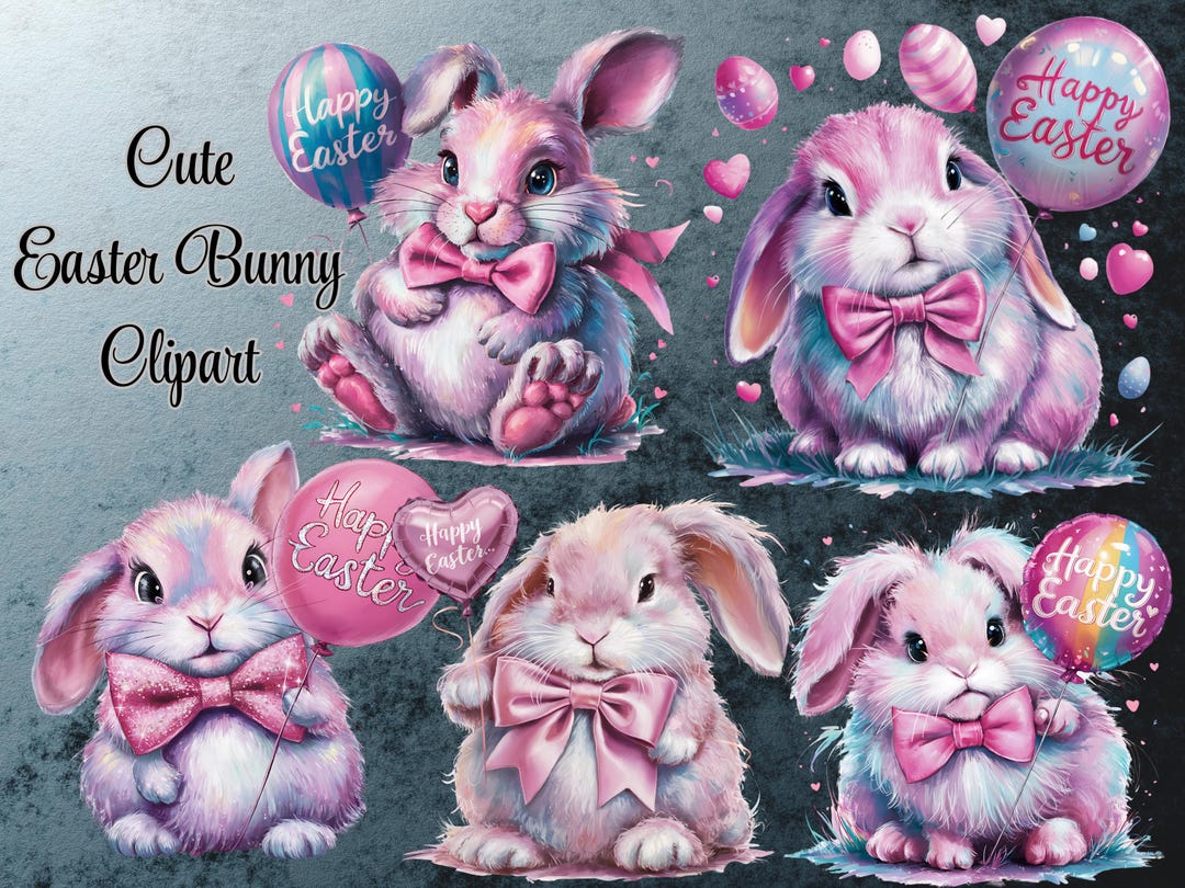 5 Cute Pink Easter Bunny Clip Art - Digital Download, Transparent ...