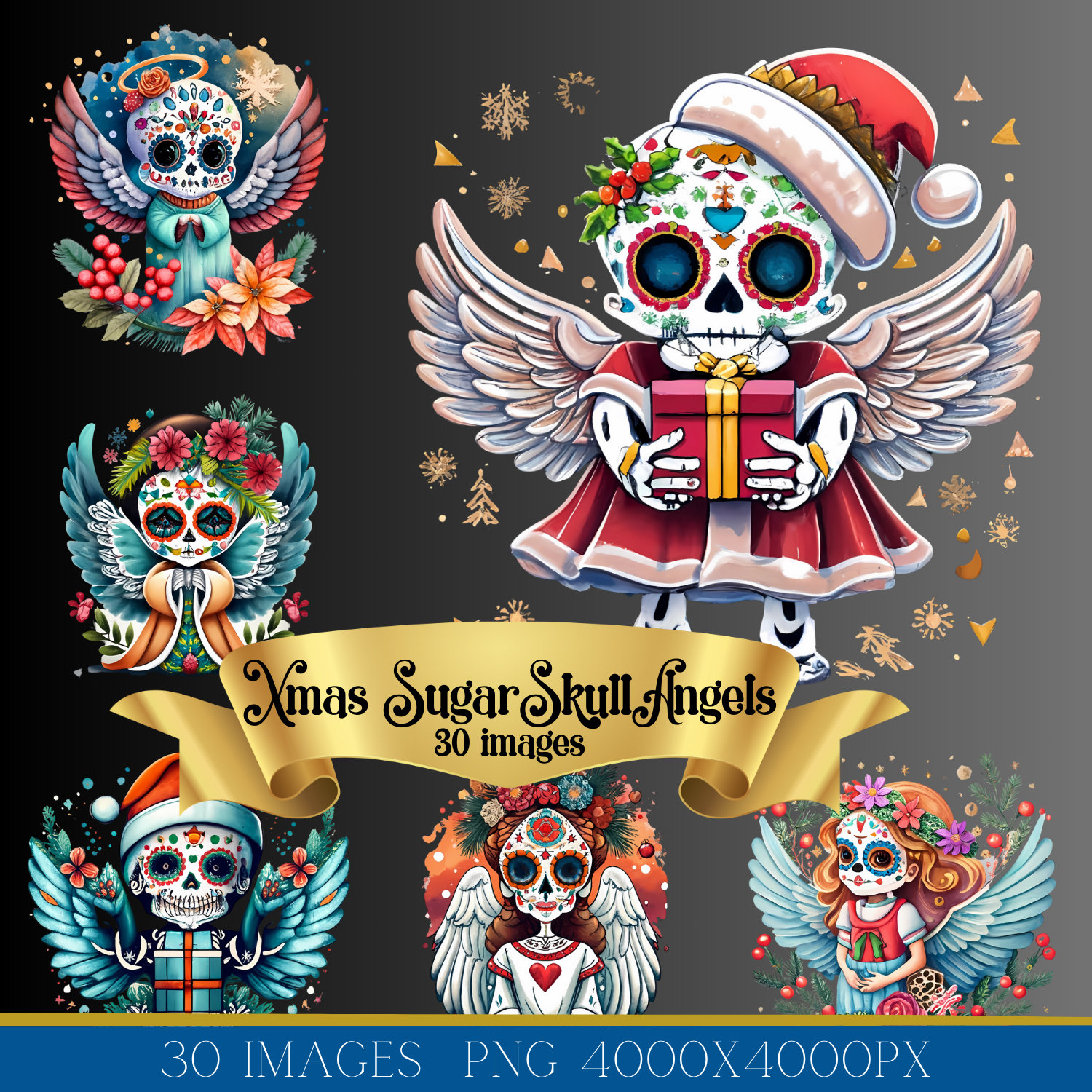 Dia De Los Muertos Christmas Clipart Bundle Png, 24 Images, Sugar Skull ...