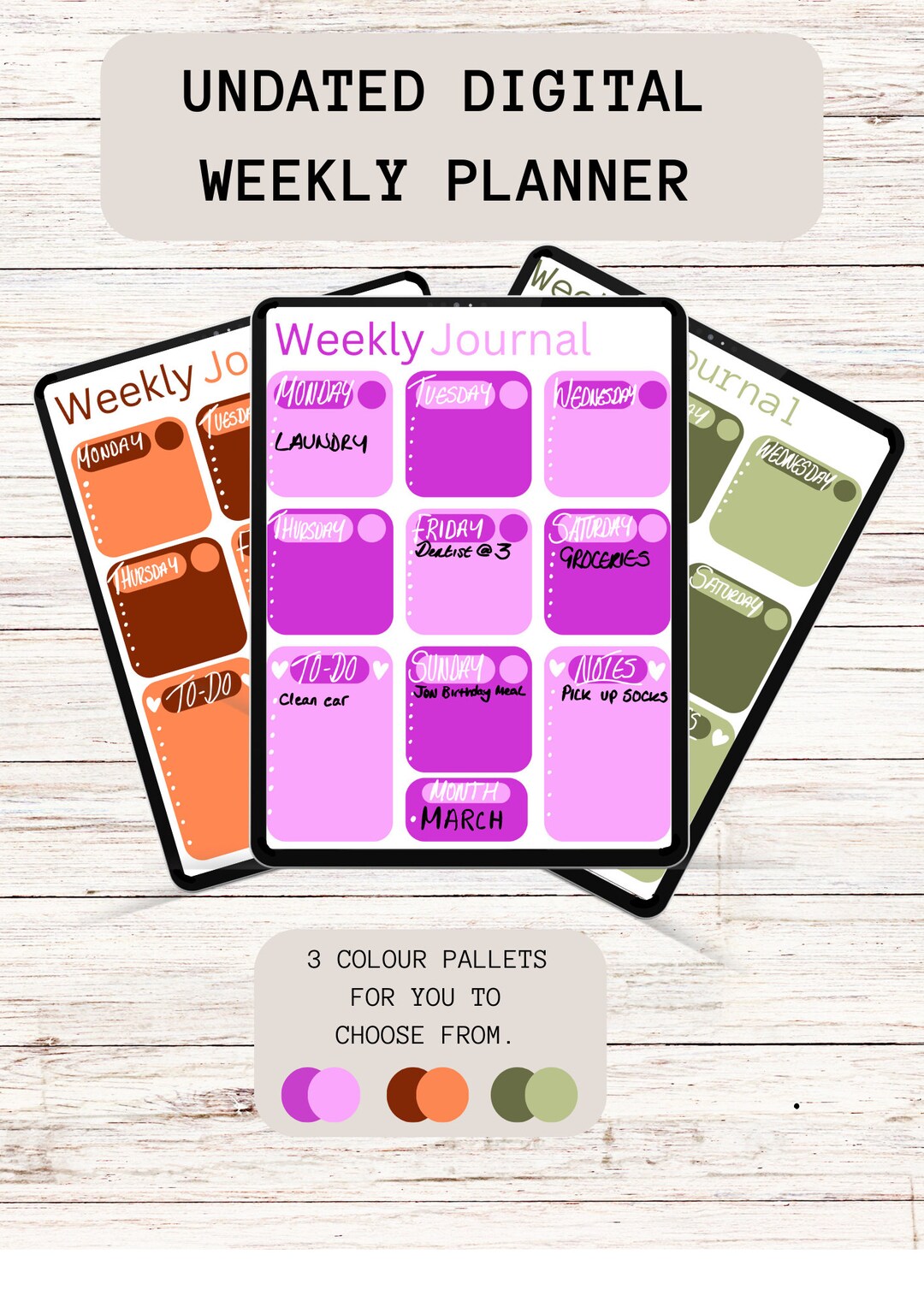 Weekly Planner, Digital Download, 3 Pack, Orange Planner, Green Planner ...