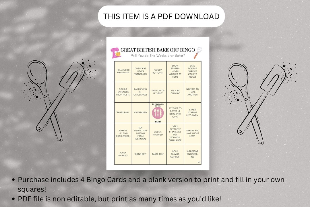 Great British Bake off BINGO, GBBO Bingo, PDF Download - Etsy