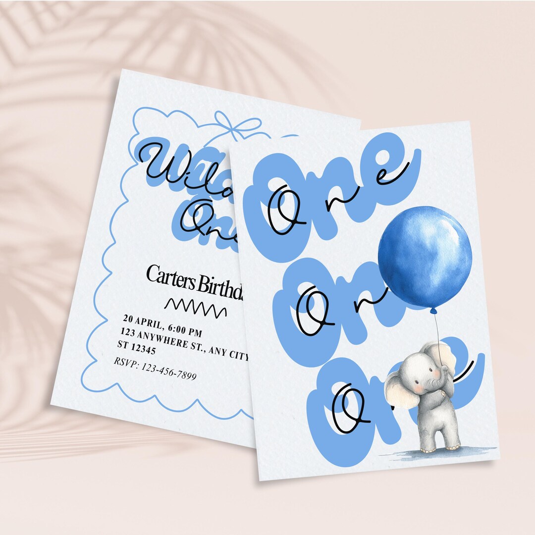 1st Birthday Invitation Elephant Theme for Boy, Cute Safari Party ...