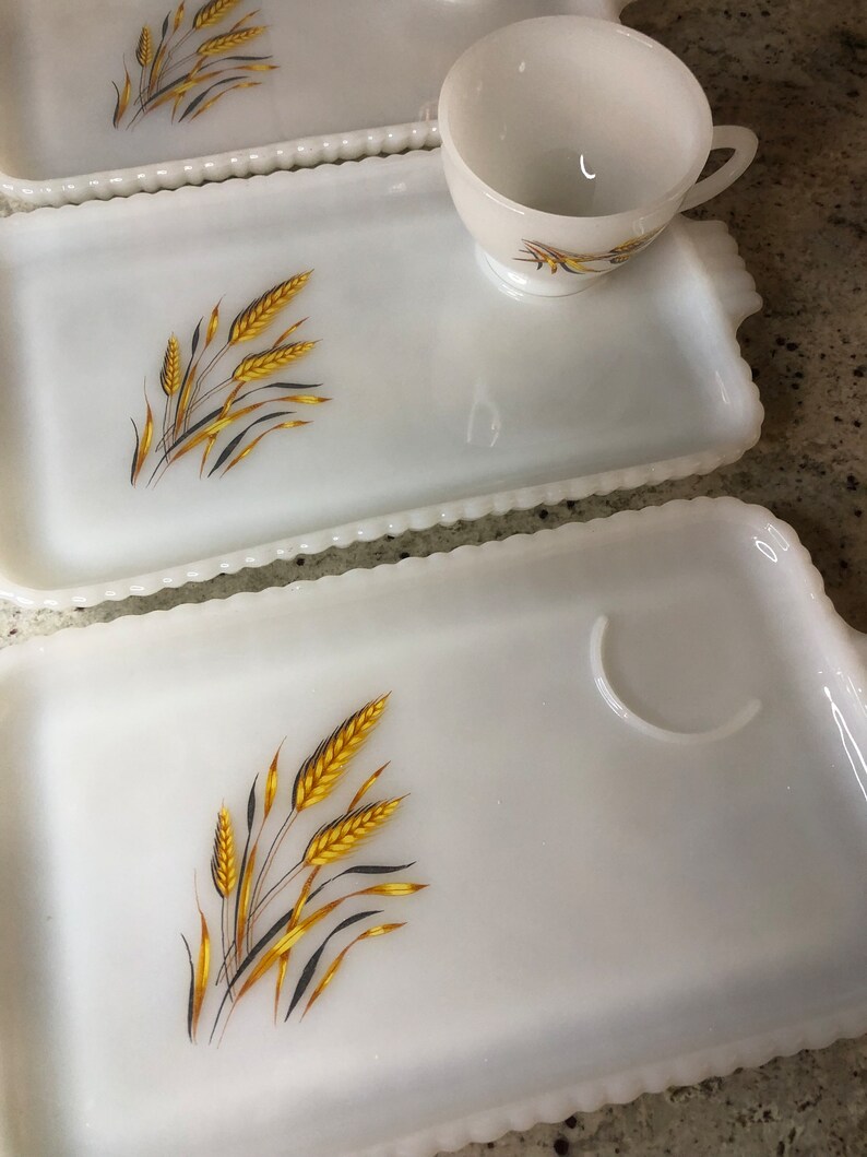 Anchor Hocking Milk Glass Luncheon Trays Wheat Pattern Rectangle Milk ...