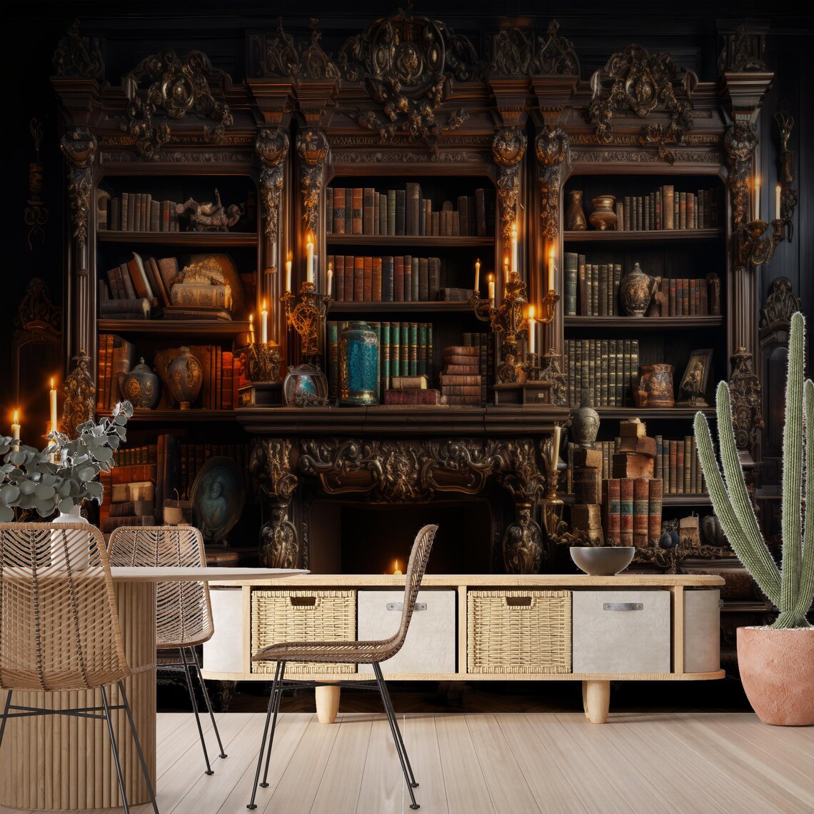 Vintage Wooden Bookshelf Old Library Peel and Stick Wallpaper, Vintage ...