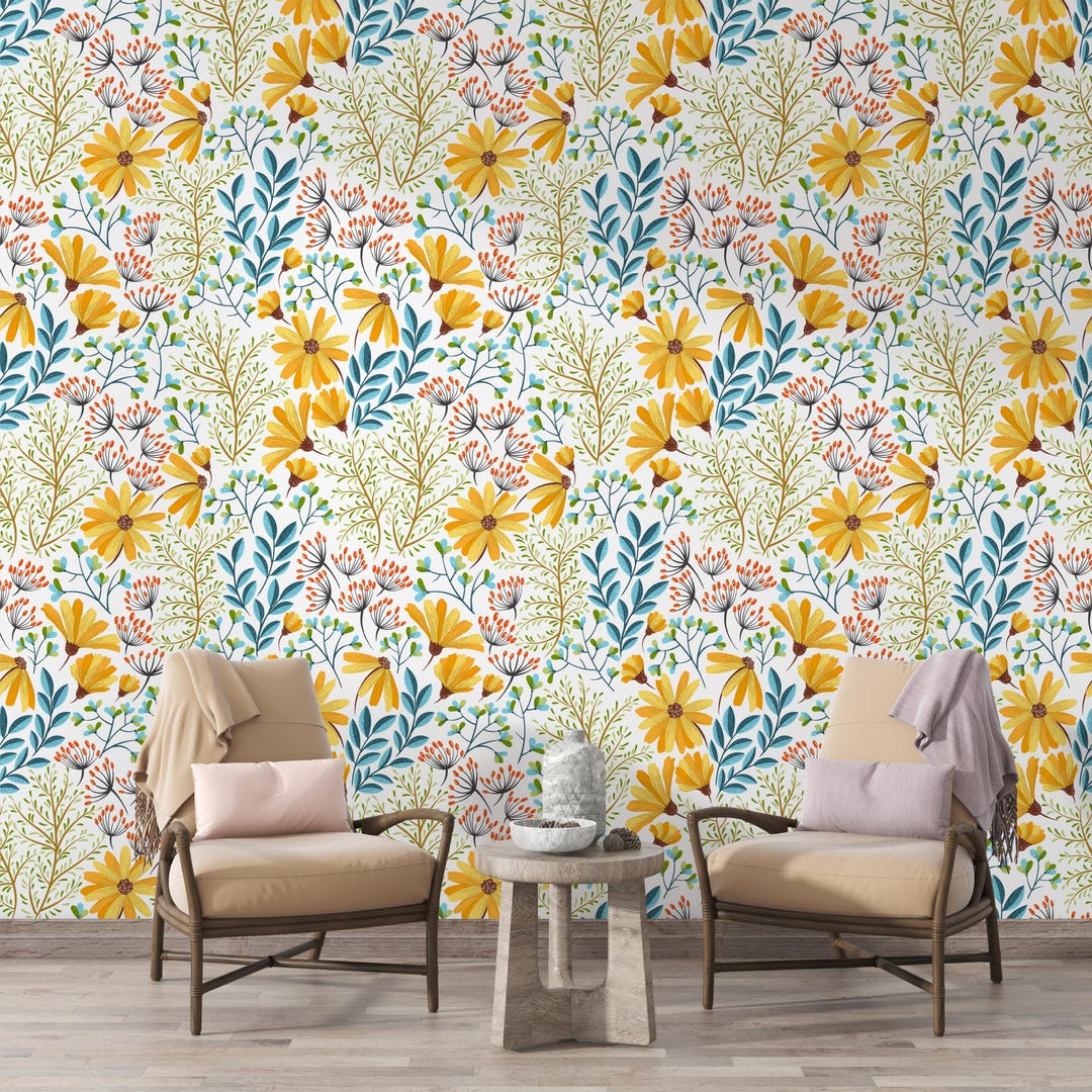 Wild Flowers Peel and Stick Wallpaper, Yellow Flowers, Removable ...
