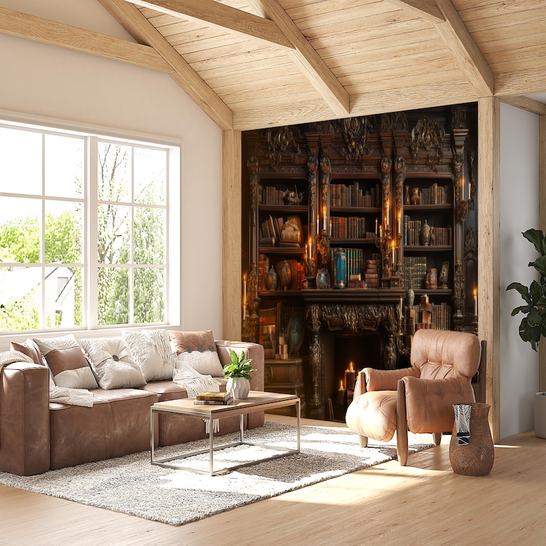 Vintage Wooden Bookshelf Old Library Peel and Stick Wallpaper, Vintage ...