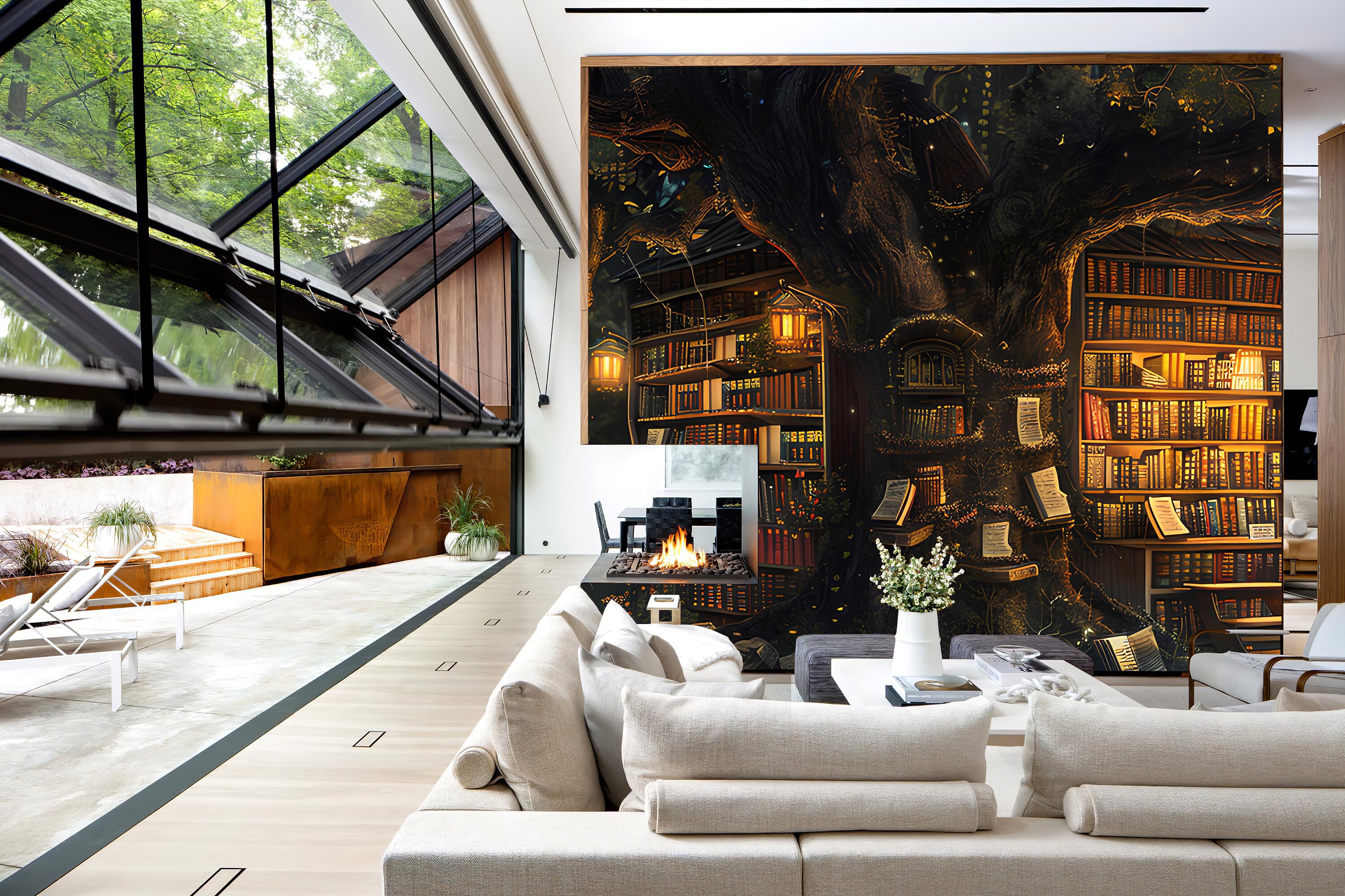 Beautiful Magical Library in the Forest, Removable Wallpaper, Washable ...