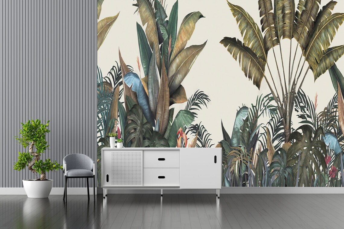 Tropical Tree and Leaves, Wall Mural, Tropical Wallpaper, Tropical Wall ...