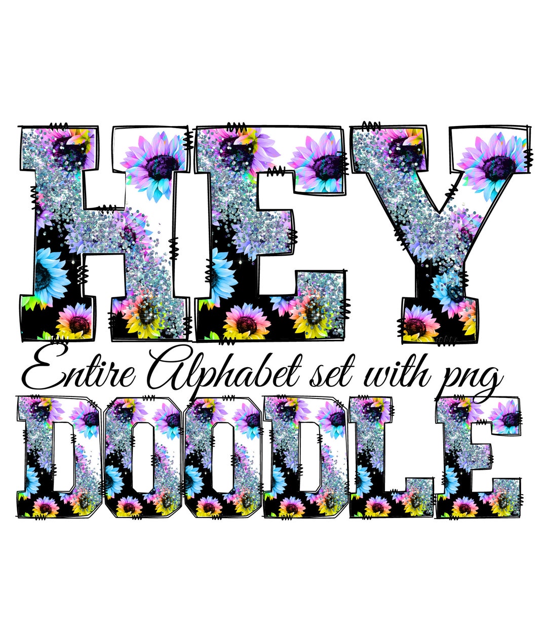 Rainbow Sunflower Glitter Split, Doodle Letters PNG, Sunflower Alphabet ...