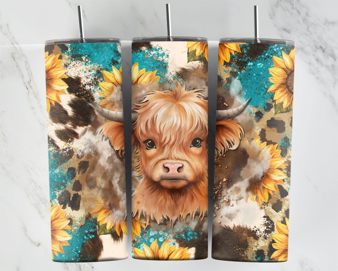 Highland Cow, Turquoise Western 20oz Tumbler Wrap, Sublimation Png ...