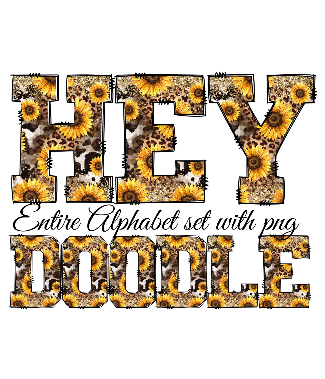 Sunflower Cheetah Doodle Letters PNG, Sunflower Alphabet, Sublimation ...