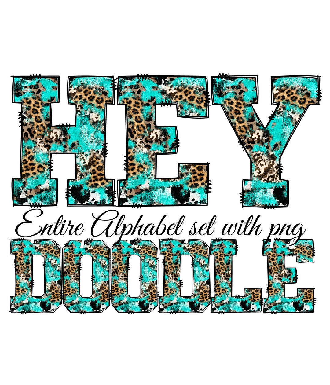 Turquoise Cheetah Doodle Letters PNG, Cheetah Alphabet, Sublimation ...