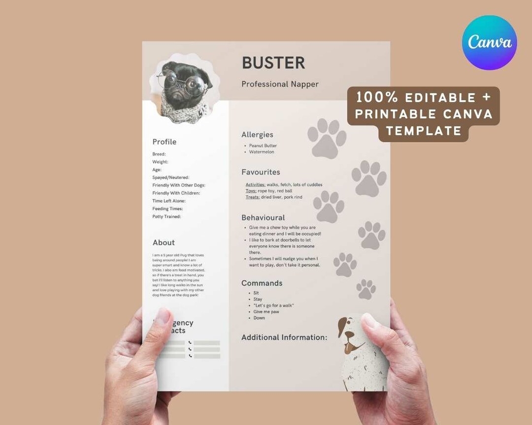 Pet Profile CANVA Template Printable | Doggy Daycare | Instant Digital ...