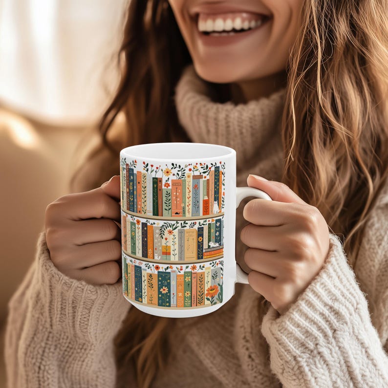 Boho Bookshelf Mug: Cottagecore Library Ceramic Coffee Cup - Etsy