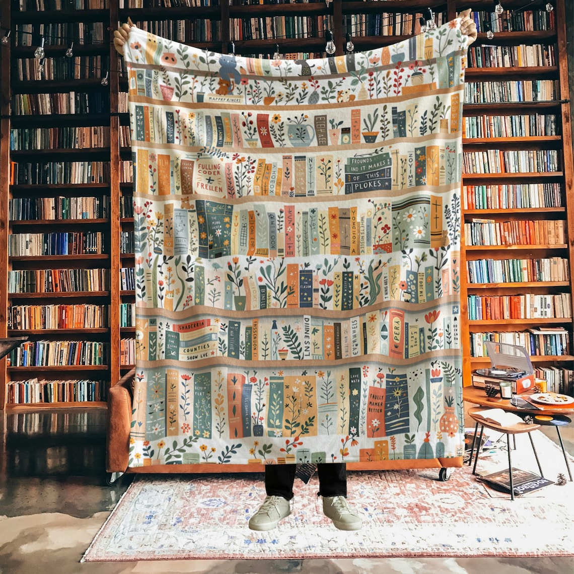 Boho Bookshelf Blanket: Floral Book Lover Throw, Cozy Library Decor - Etsy