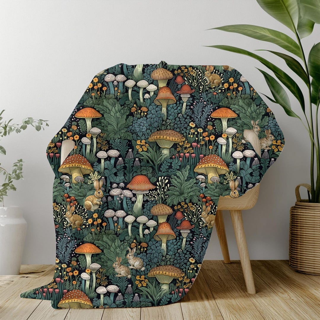Mushroom Forest Blanket: Cottagecore Botanical Throw - Etsy