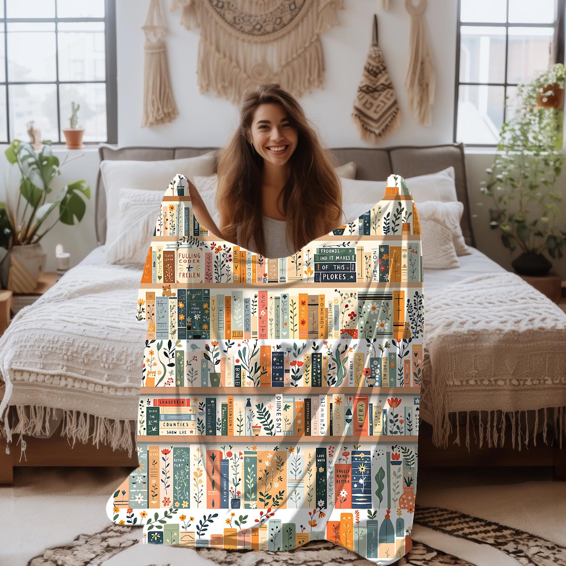 Boho Bookshelf Blanket: Floral Book Lover Throw, Cozy Library Decor - Etsy