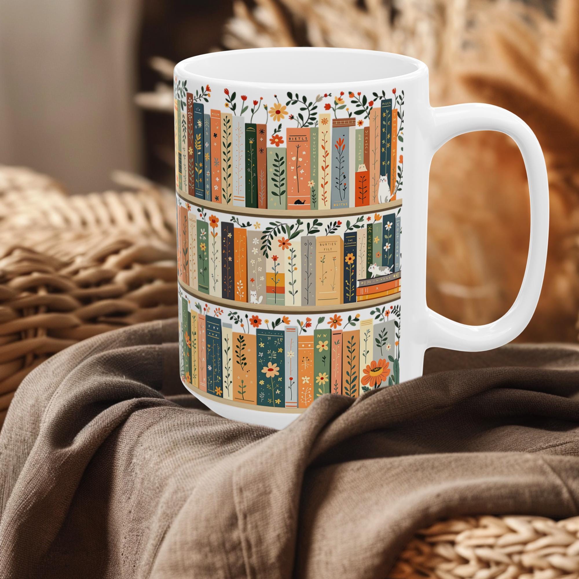 Boho Bookshelf Mug: Cottagecore Library Ceramic Coffee Cup - Etsy