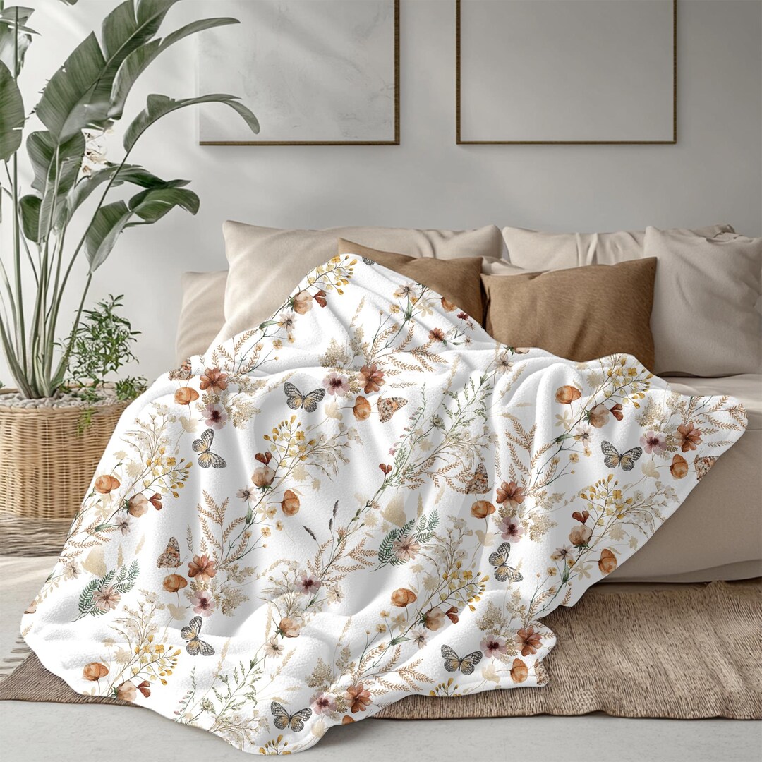 Boho Wildflower Fleece Blanket: Monarch Butterfly Cottagecore Throw - Etsy
