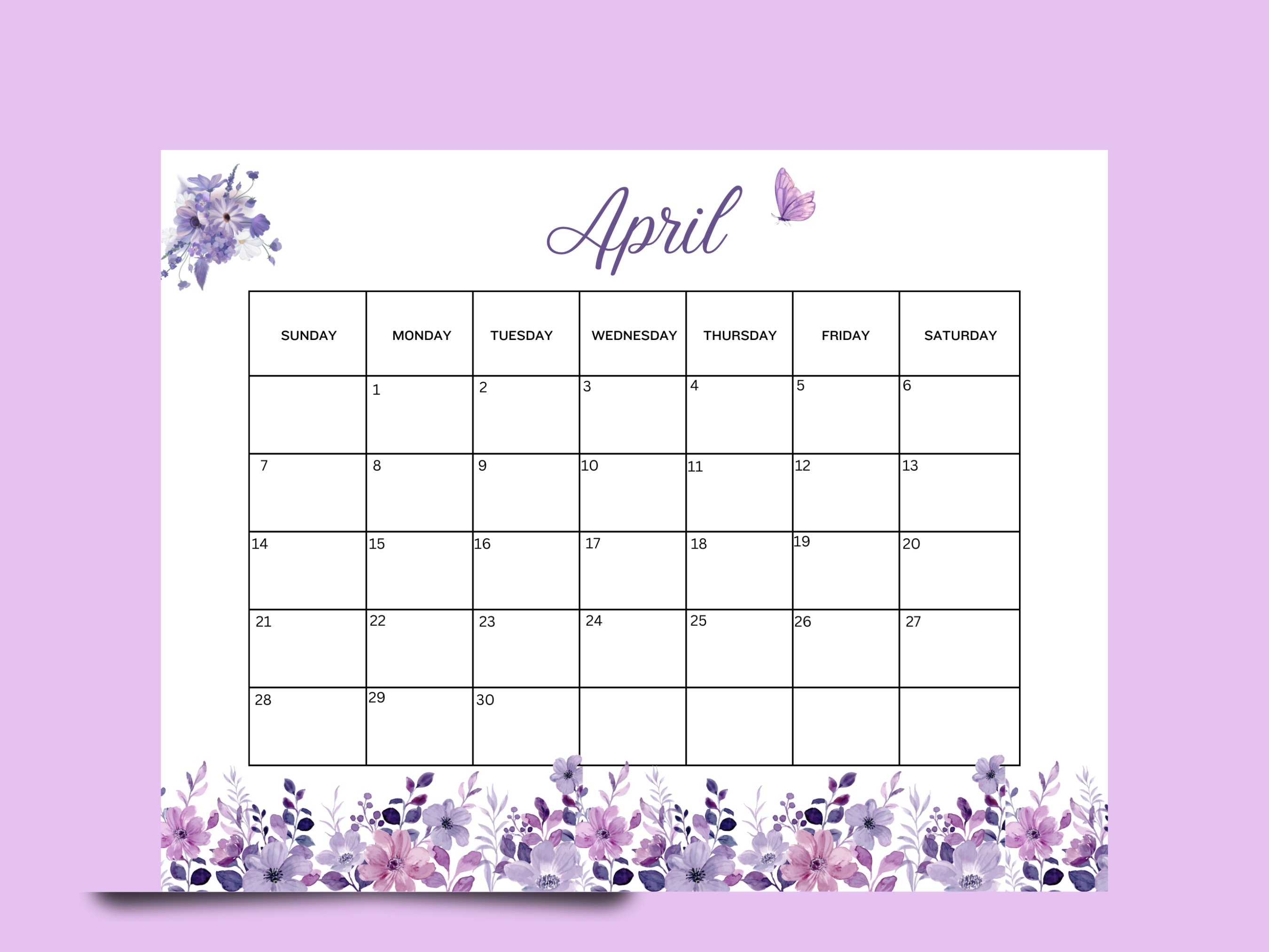 Printable April 2024 Monthly Calendar With Beautiful Purple Flowers and ...