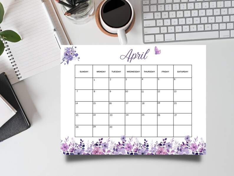 Printable April 2024 Monthly Calendar With Beautiful Purple Flowers and ...