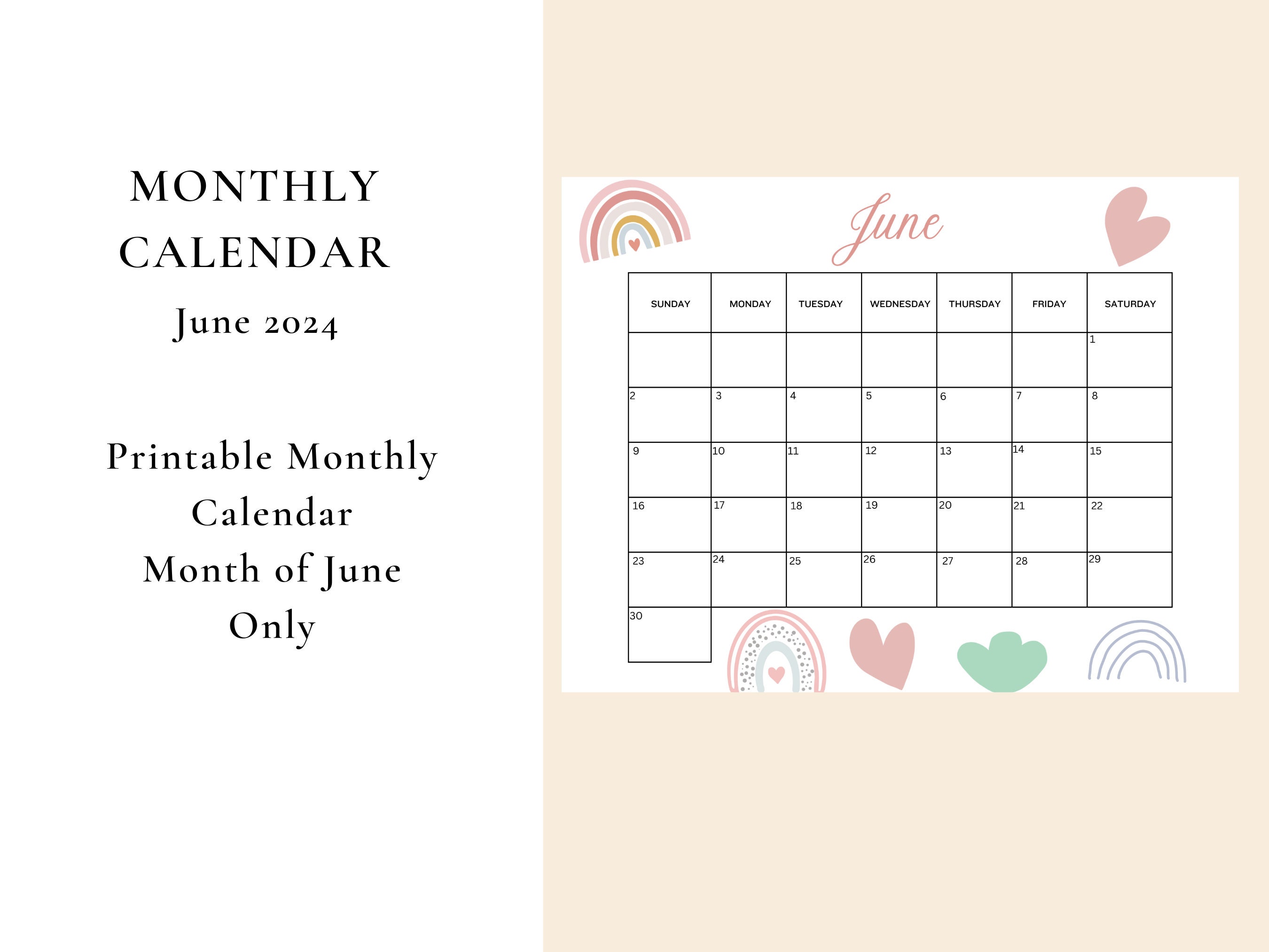 Printable June 2024 Monthly Calendar - Etsy