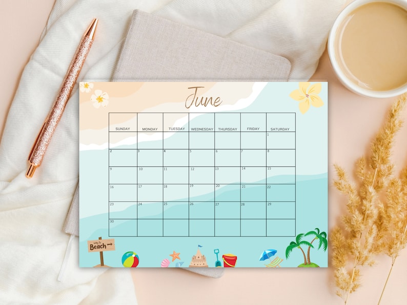 June 2024 Printable Monthly Calendar, Beach Theme, Summer Theme Plus ...