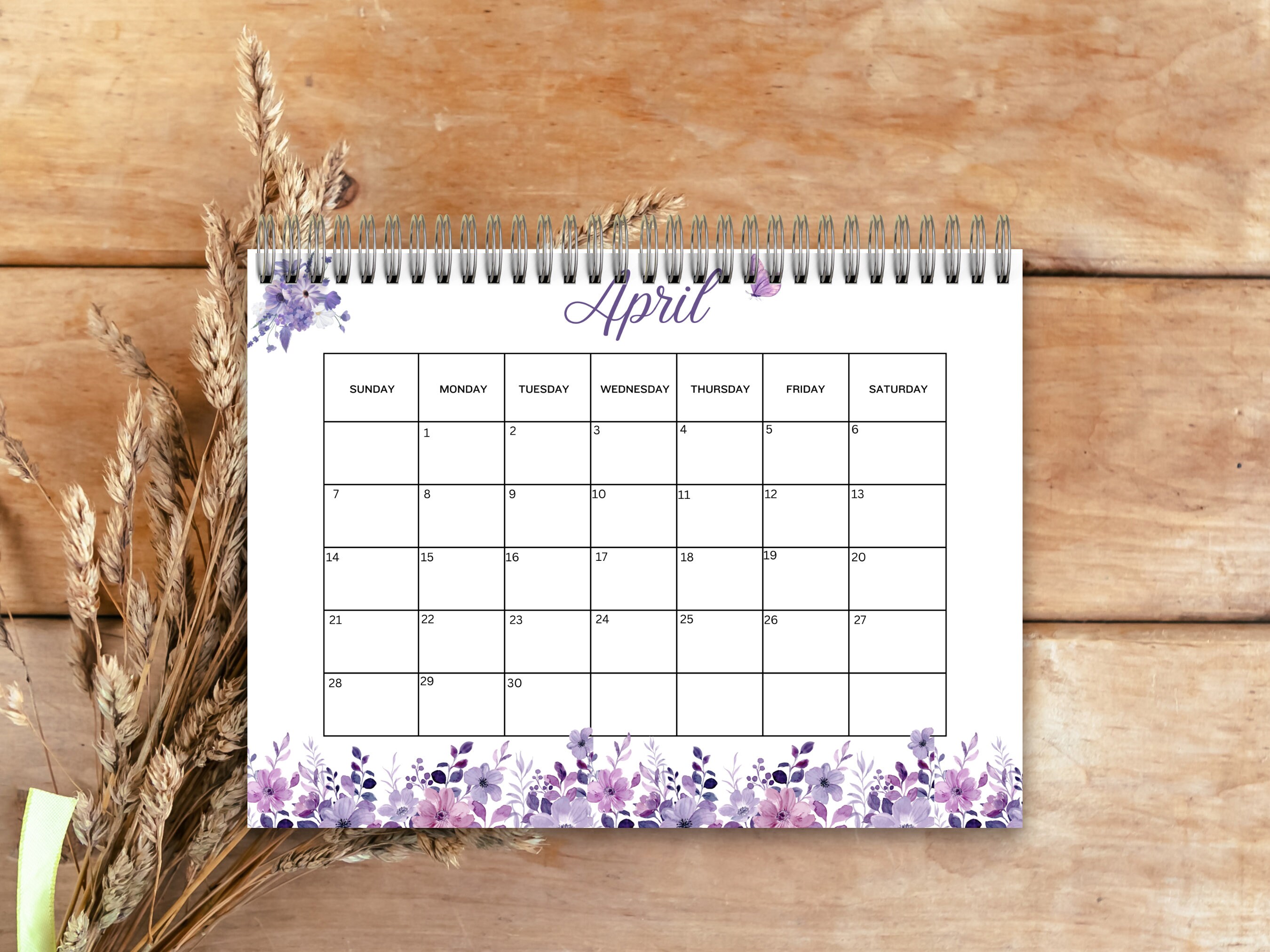 Printable April 2024 Monthly Calendar With Beautiful Purple Flowers and ...