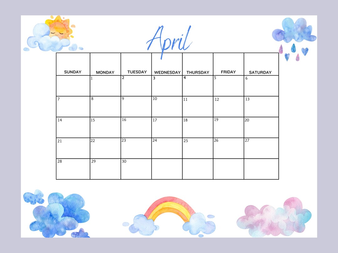 Printable April 2024 Monthly Calendar, April Showers Theme With Free ...