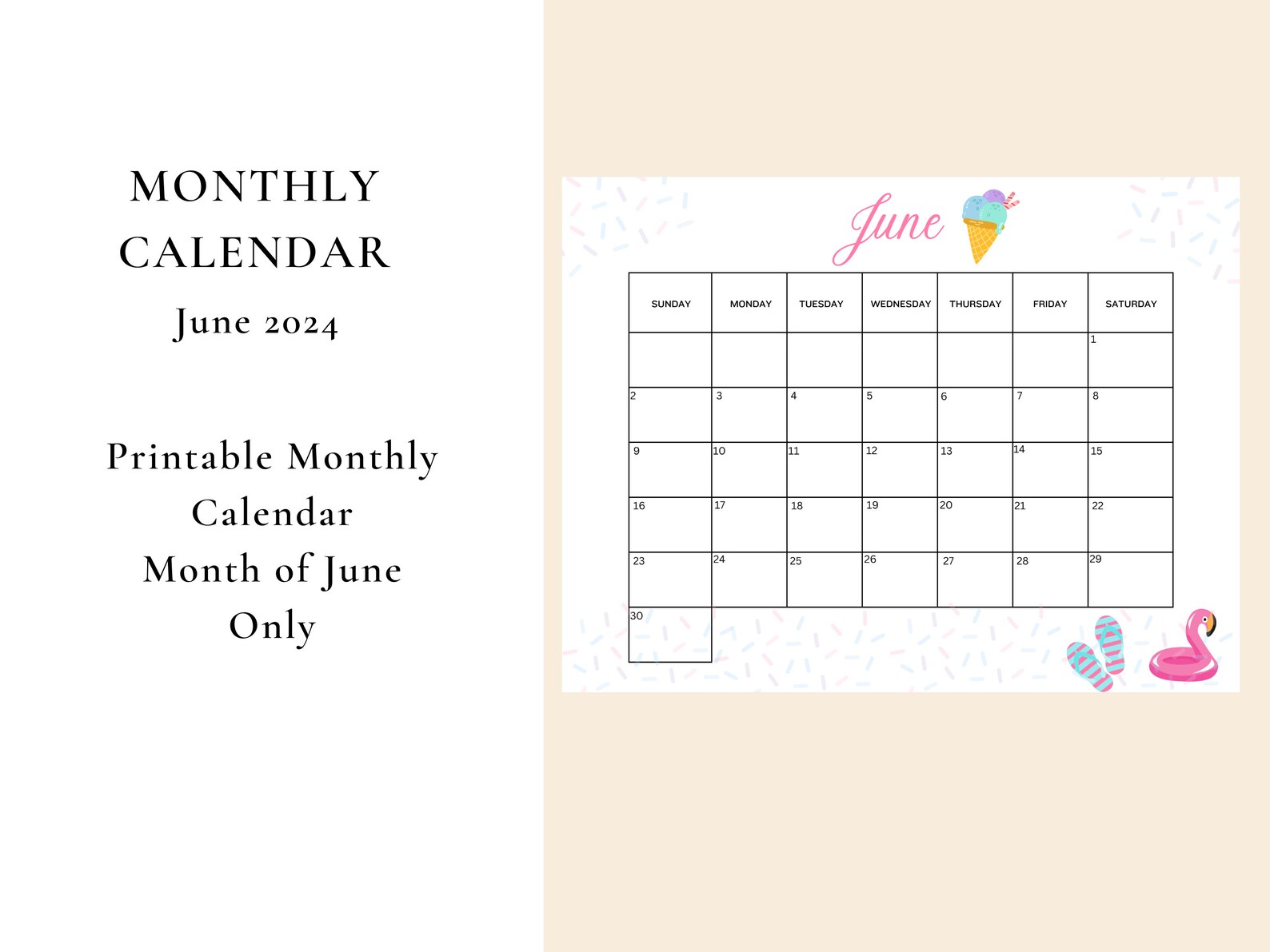 Printable June 2024 Monthly Calendar. Cute Pastel Sprinkles and Ice ...