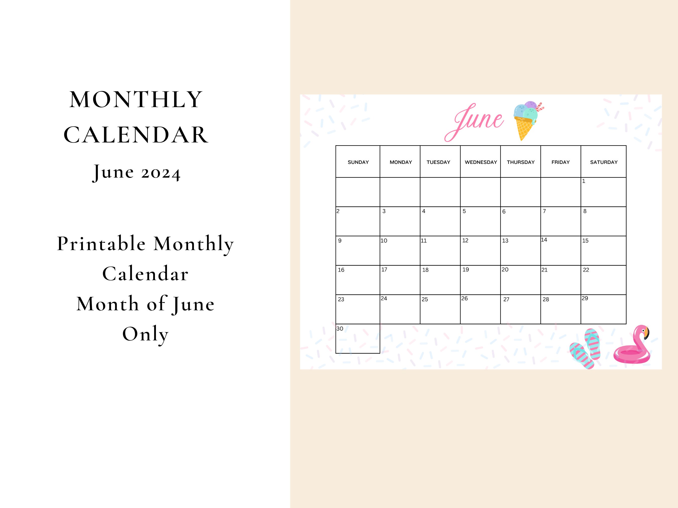 Printable June 2024 Monthly Calendar. Cute Pastel Sprinkles and Ice ...
