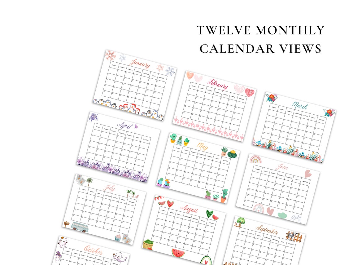Printable 2024 Calendar Monthly Seasonal Theme 2024 - Etsy